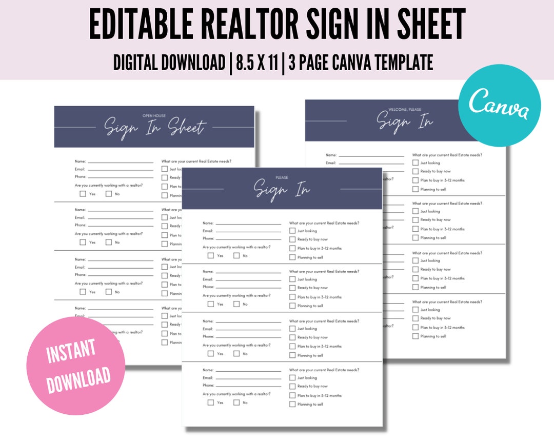 Real Estate Sign in Sheet, Realtor Templates, Editable Sign in Sheet - Etsy