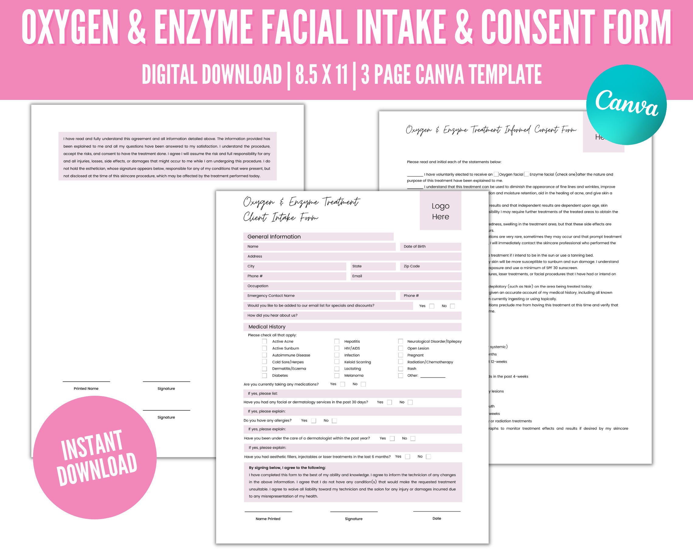Facial Consent Form Oxygen Facial Enzyme Facial Esthetician - Etsy Canada