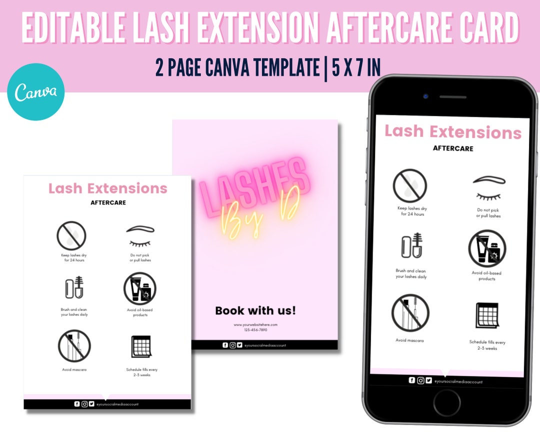 Editable Lash Extension Aftercare Card, Eyelash Extension Digital ...