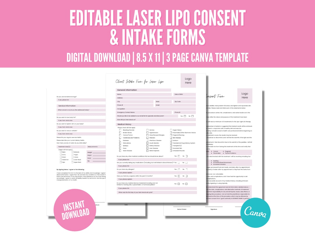 Editable Laser Lipo Consent Form, Intake Form, Esthetician Business ...