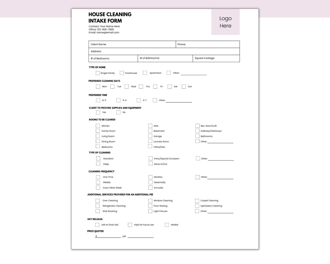 Cleaning Business Forms House Cleaning Contract Cleaning - Etsy