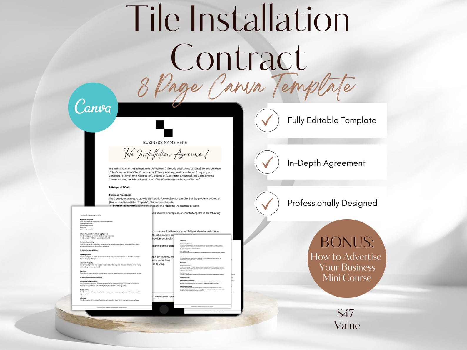 Tile Installation Contract Template: Editable Contractor Agreement ...