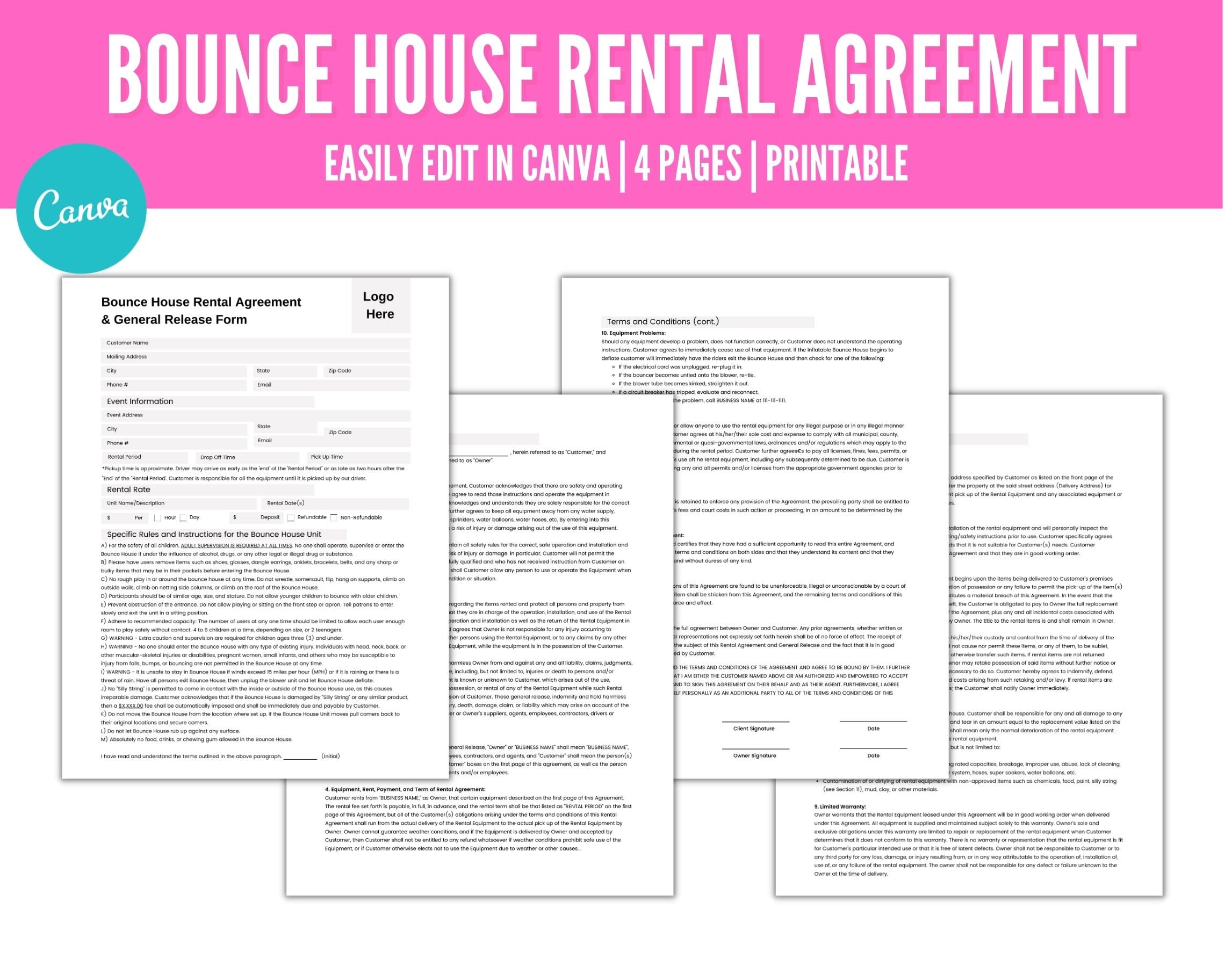 Editable Bounce House Rental Agreement & Waiver (canva Template) - Etsy