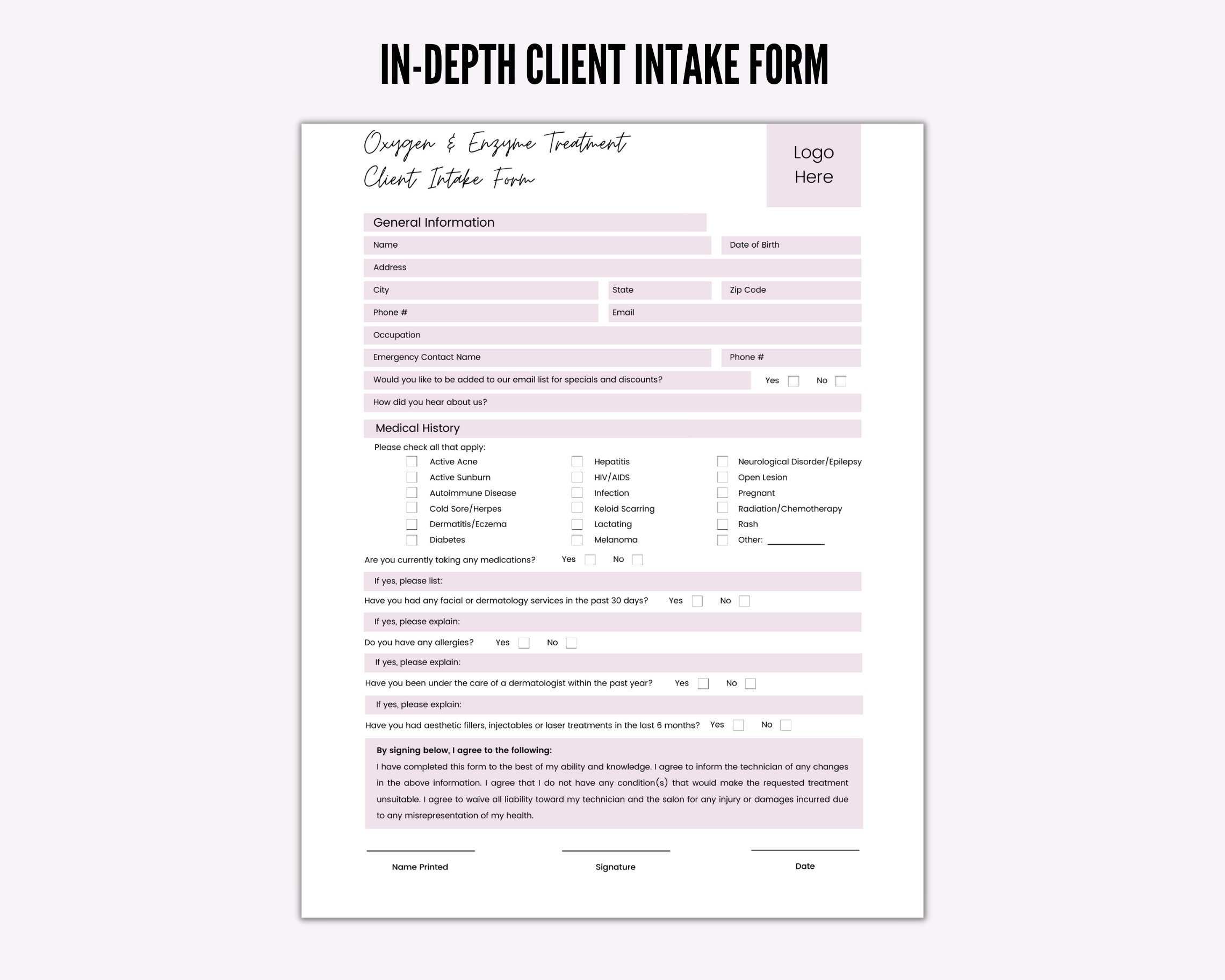 Facial Consent Form Oxygen Facial Enzyme Facial Esthetician - Etsy