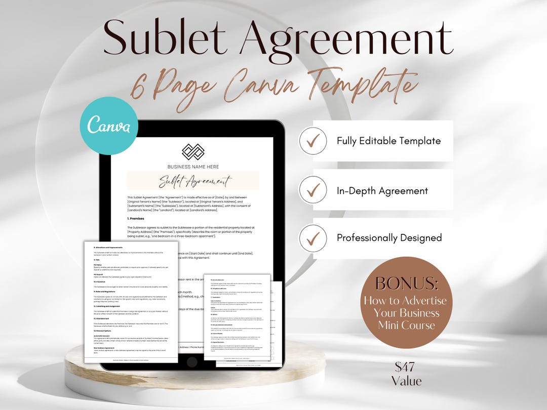 Sublet Contract, Sublet Agreement Form, Sublet Rent Agreement, Sublet ...