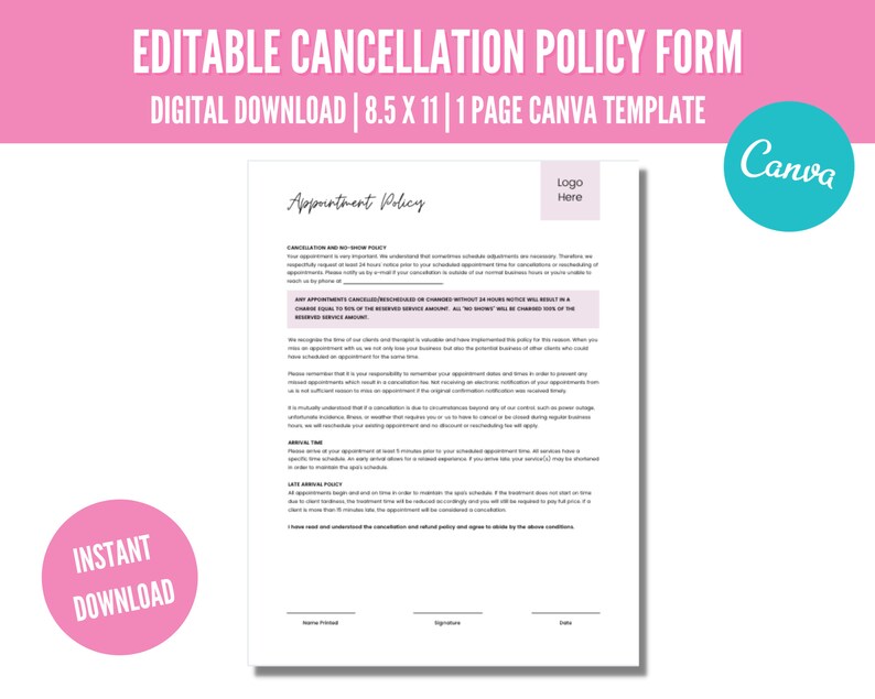 Editable Appointment Cancellation Policy Template Late - Etsy