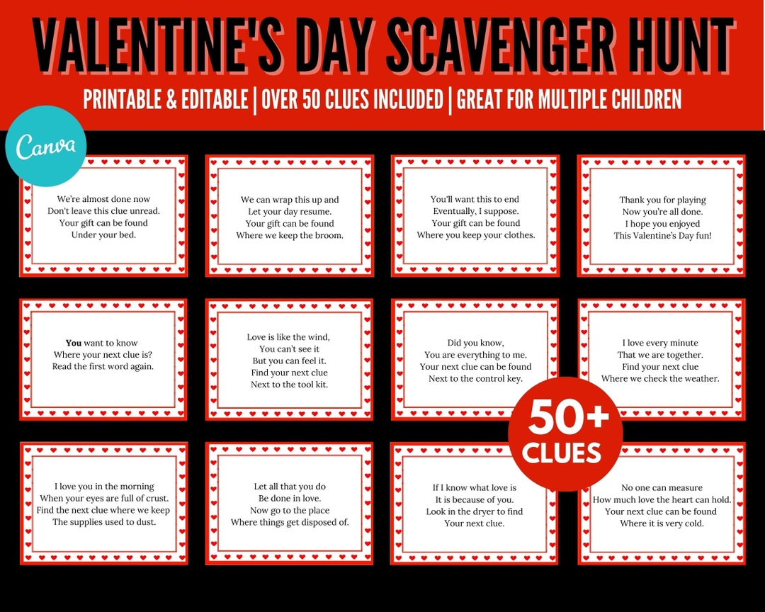 Valentine's Day Scavenger Hunt, Indoor Treasure Hunt Clues, Valentine's ...