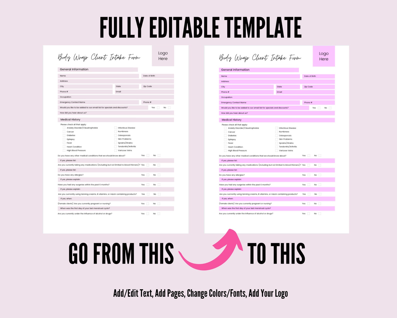 Editable Body Wrap Client Intake Form Aftercare Form Consent - Etsy
