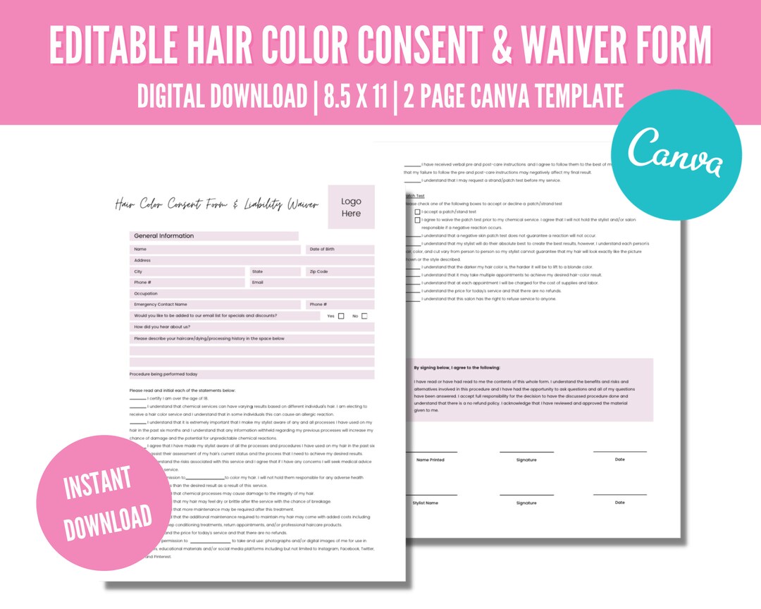 Hair Stylist Consultation Forms Hair Color Waiver Form - Etsy