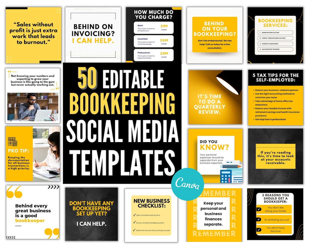 50 Editable Bookkeeping Social Media Templates for Canva (digital ...