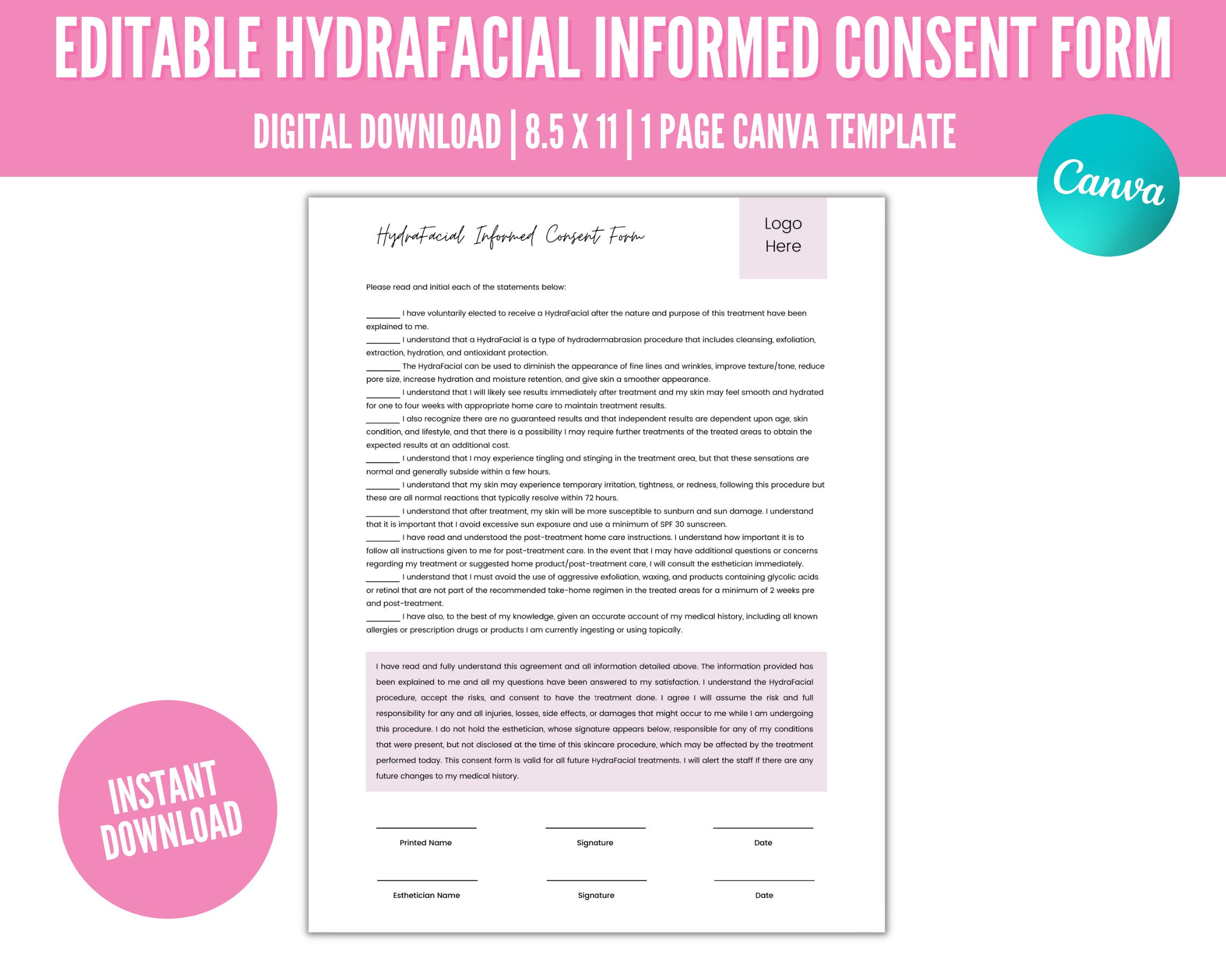 Hydrafacial Consent Form Esthetician Consent Form Template - Etsy