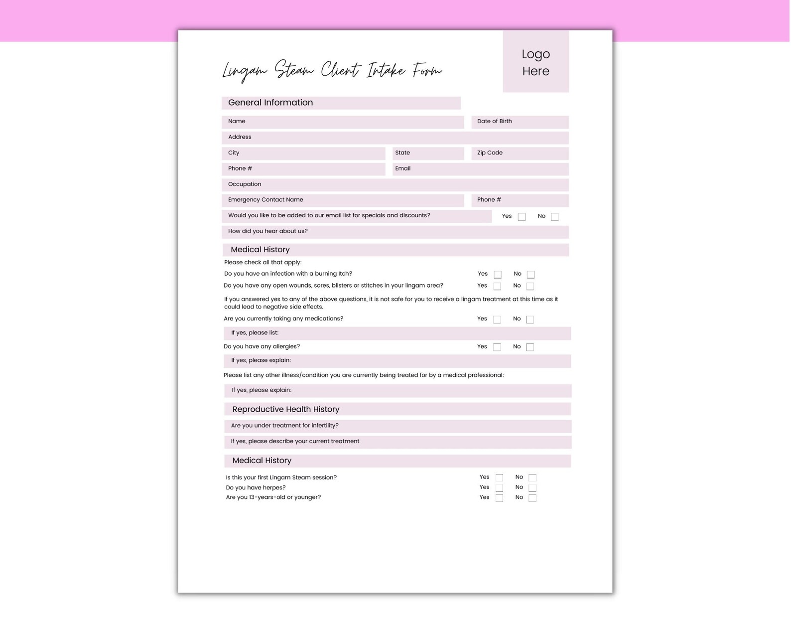 Lingam Steam Intake Forms: Esthetician Client Consent (canva Template ...