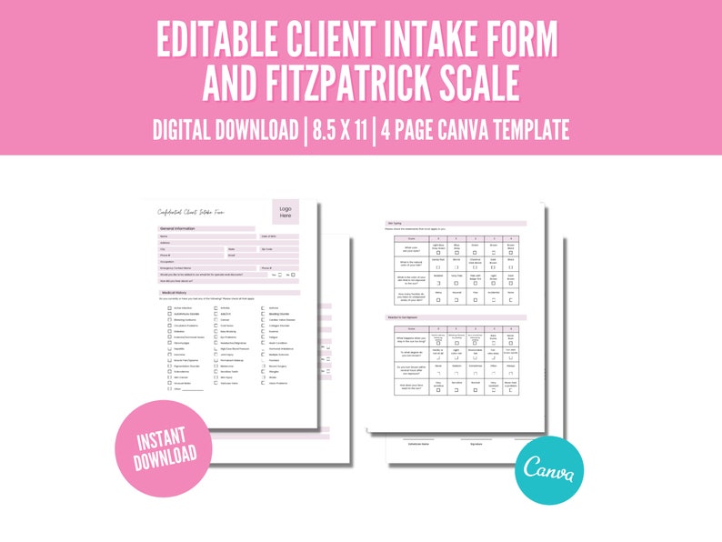 Editable Esthetician Client Intake Form: Fitzpatrick Scale Quiz (canva ...