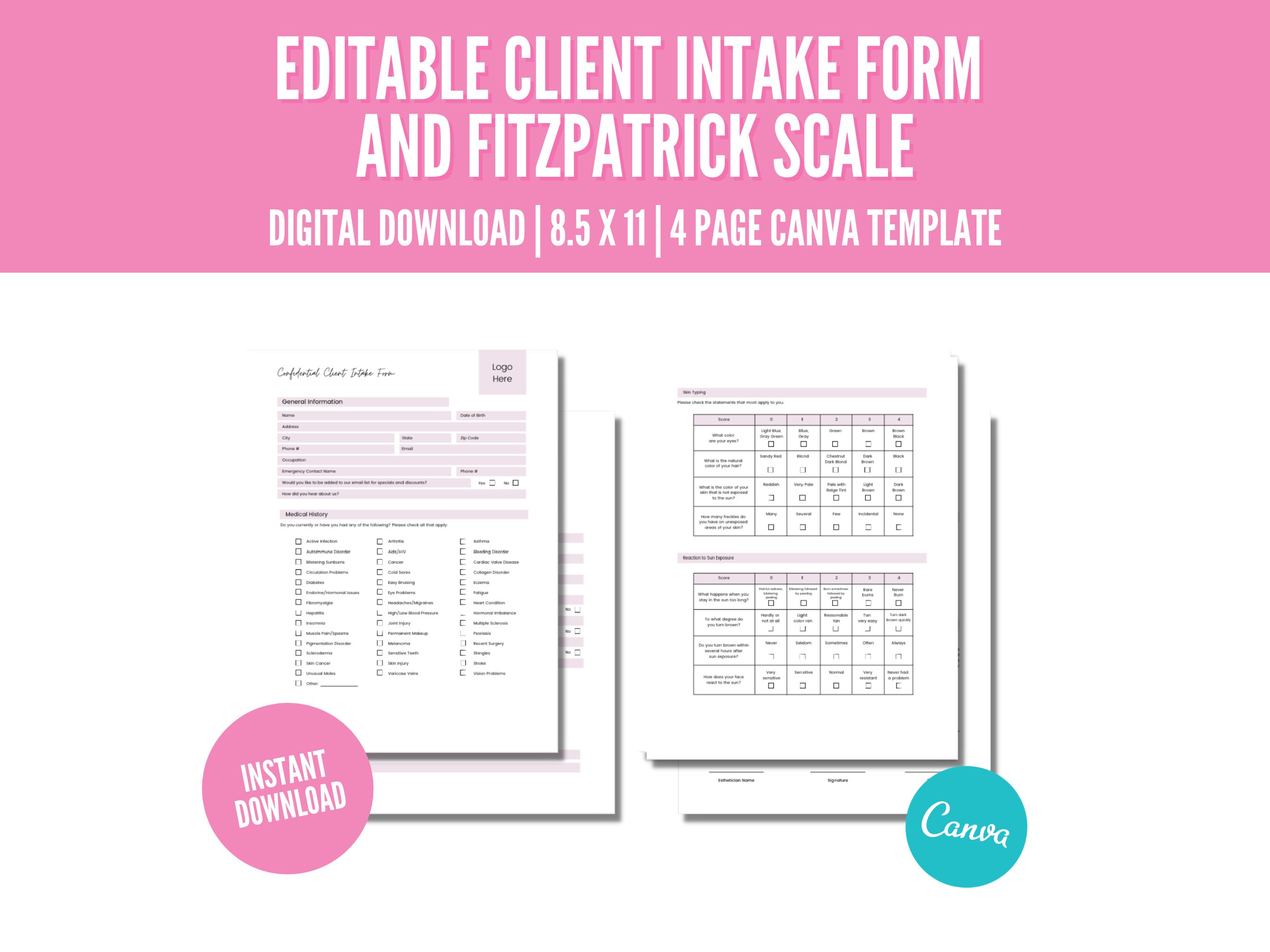 Editable Esthetician Client Intake Form: Fitzpatrick Scale Quiz (canva ...