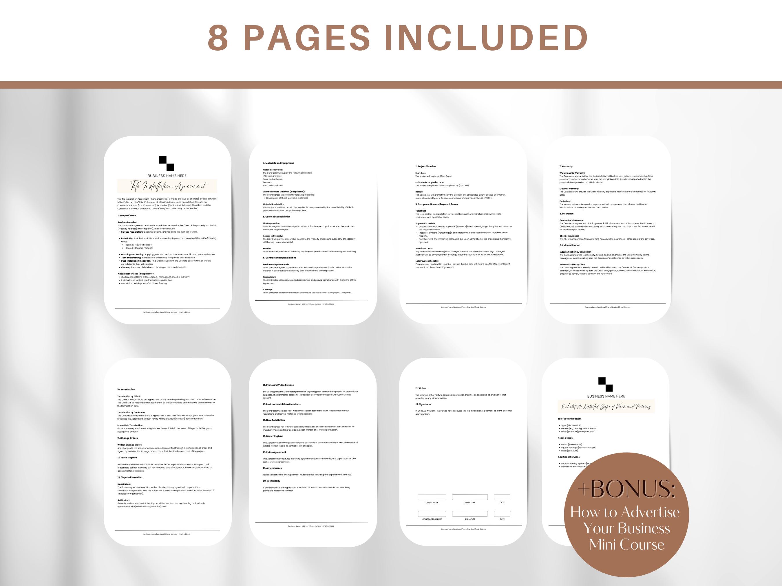 Tile Installation Contract Template: Editable Contractor Agreement ...