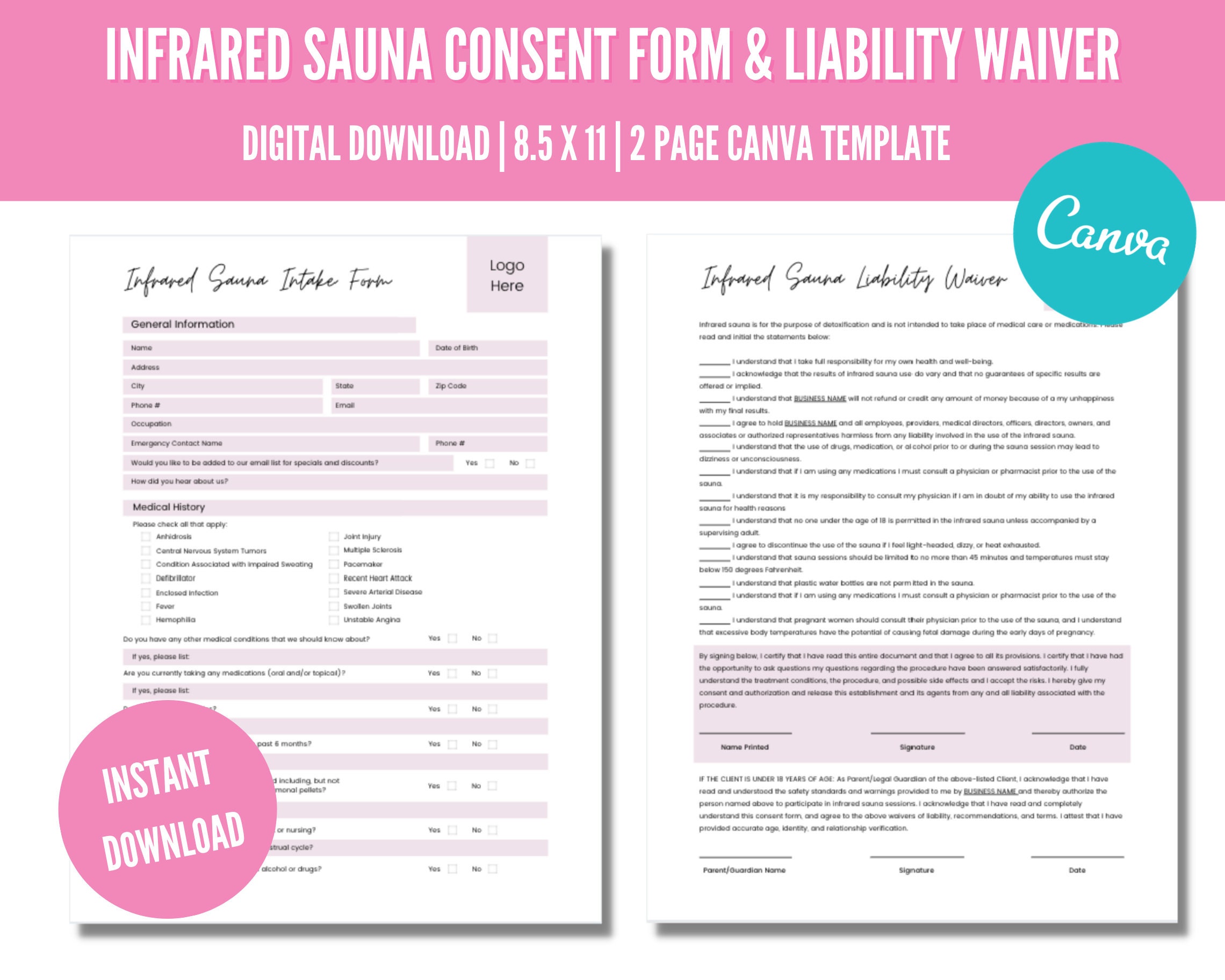 Editable Infrared Sauna Consent Form, Detox Sauna Intake Form ...