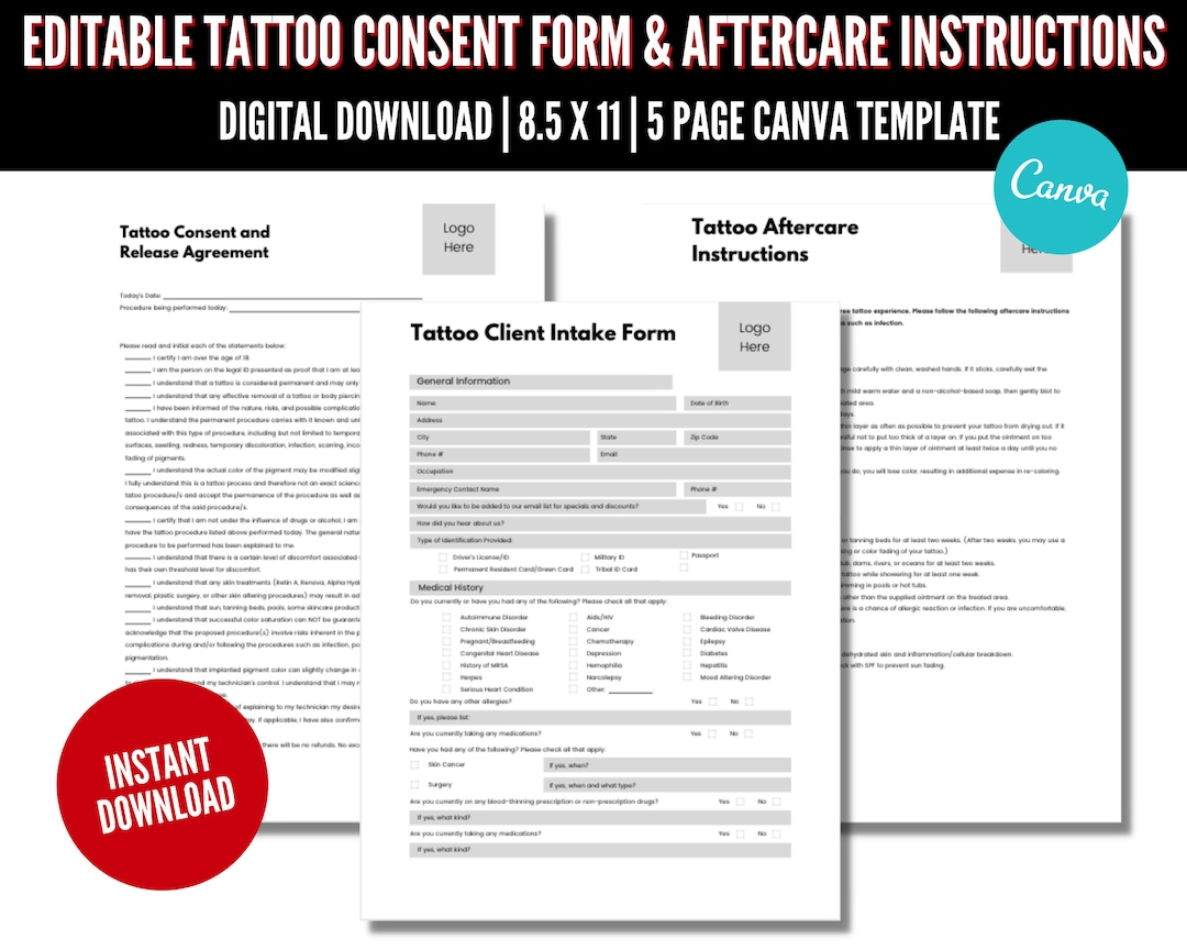 Tattoo Consent Form, Client Intake Form, Tattoo Aftercare Instructions ...