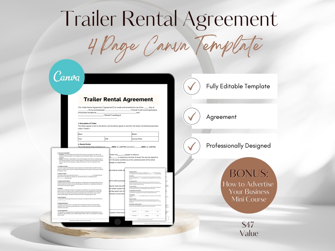 Trailer Rental Agreement Template: Editable Canva Contract (digital ...