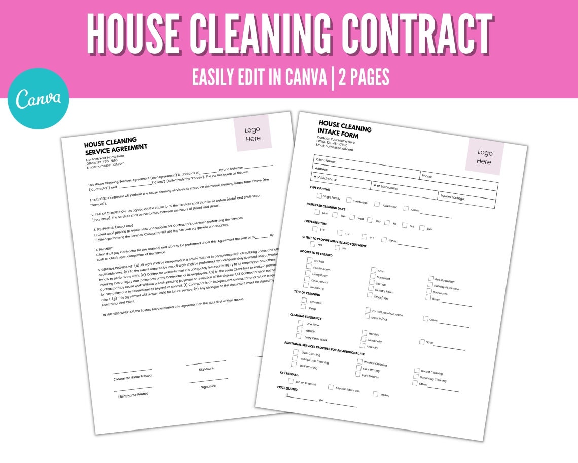 Cleaning Business Forms House Cleaning Contract Cleaning - Etsy