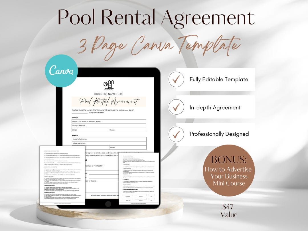 Pool Rental Agreement, Pool Rental Contract, Swimming Pool Rental ...
