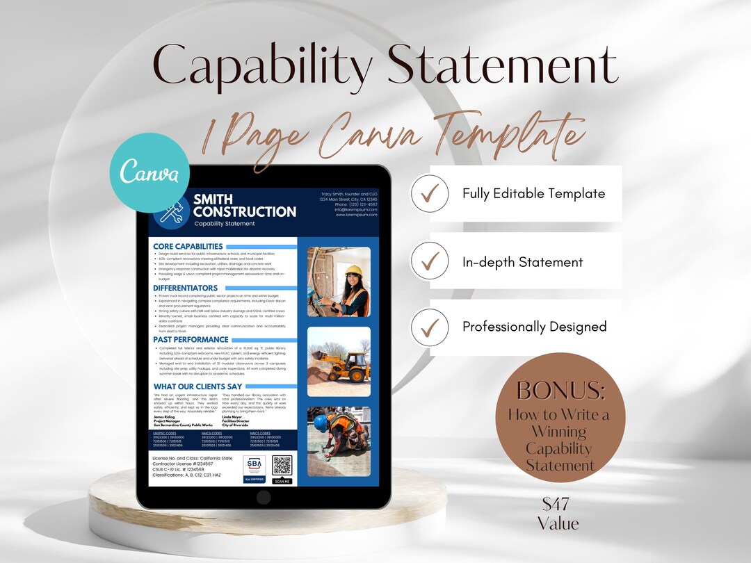 Editable Capability Statement Template: Construction Business Canva ...