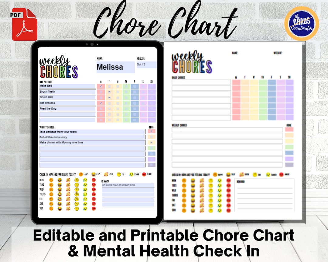 Fillable Weekly Allowance Chart Chore Chart for Kids Printable Family ...