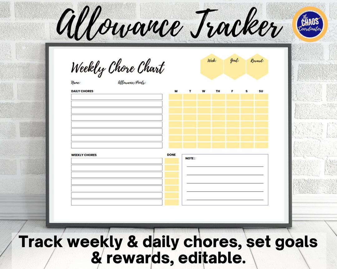 Fillable Weekly Allowance Tracker Chore Chart Yellow Fillable ...