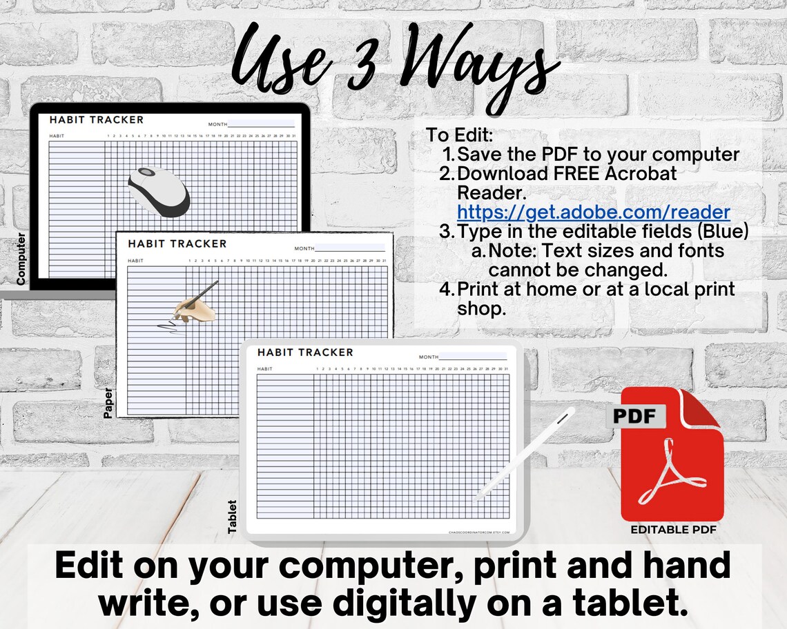 Editable Monthly Habit Tracker Printable Planner Adults Home - Etsy