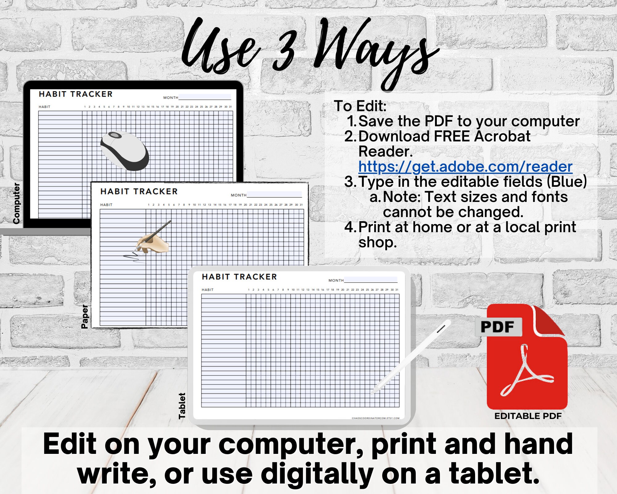 Editable Monthly Habit Tracker Printable Planner Adults Home Kids Habit ...