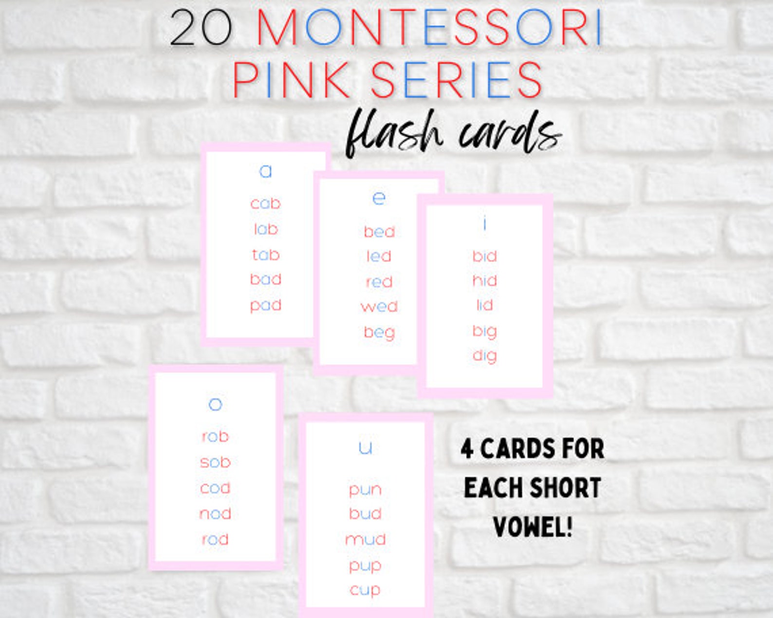 20 MONTESSORI PINK SERIES Flashcards | Short A, E, I, O & U - Etsy