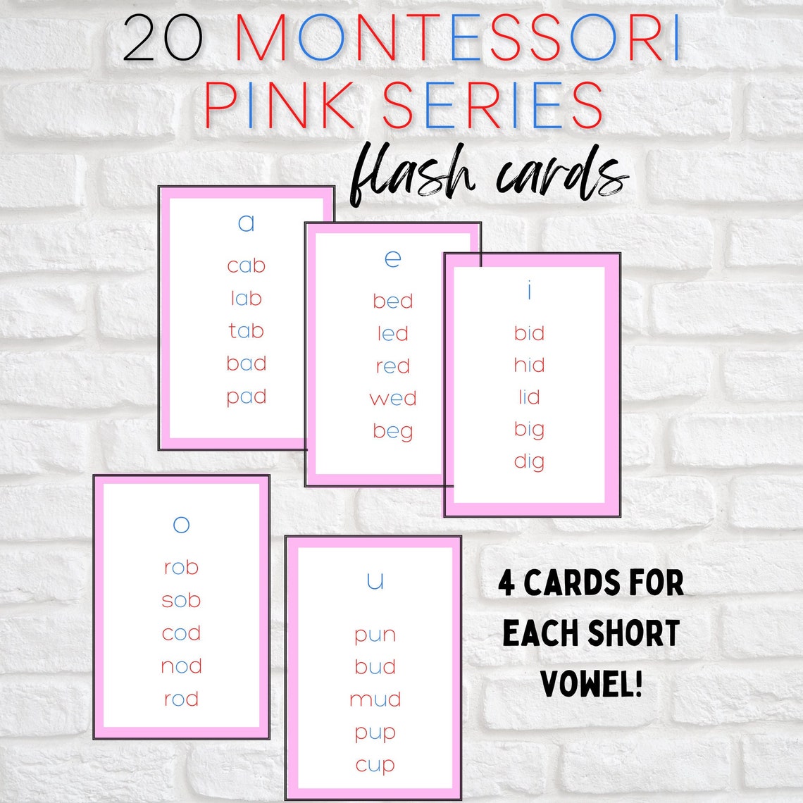 20 MONTESSORI PINK SERIES Flashcards Short A E I O & U - Etsy