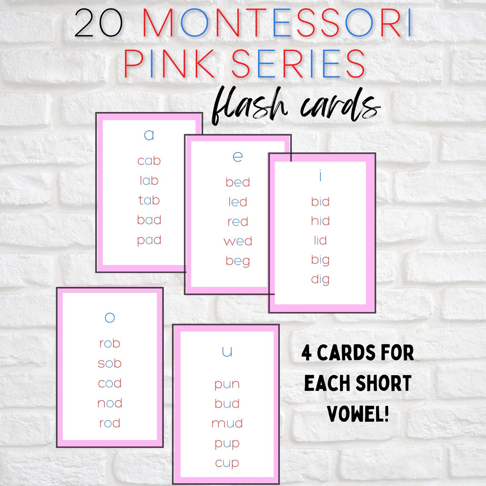 20 MONTESSORI PINK SERIES Flashcards Short A E I O & U - Etsy