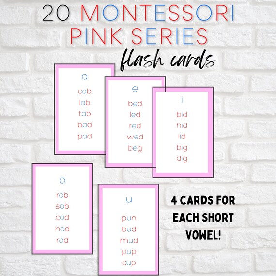 20 MONTESSORI PINK SERIES Flashcards Short A E I O & U - Etsy