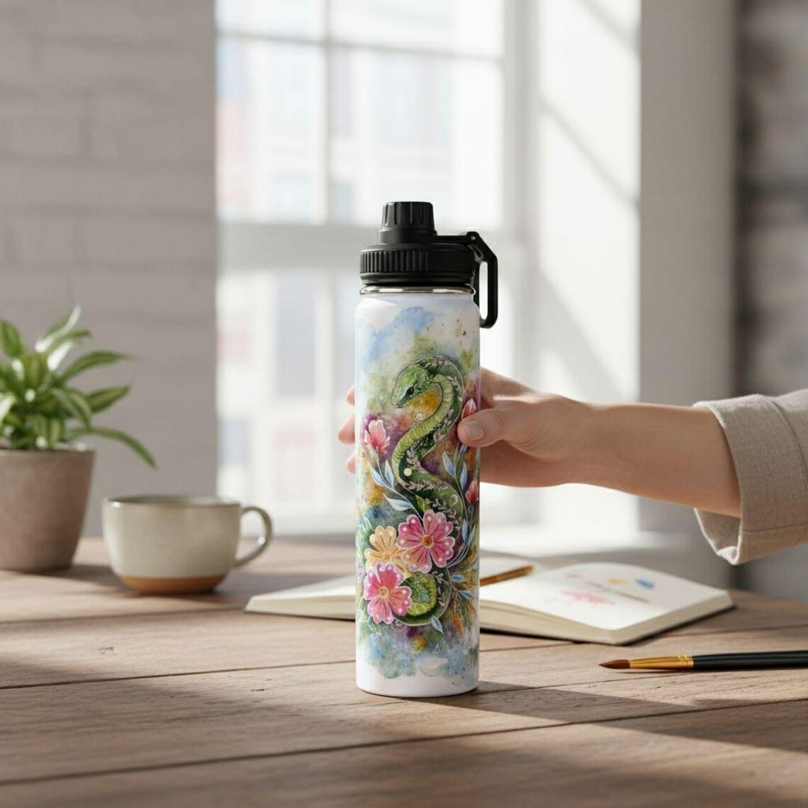 Green Snake & Floral Watercolor - Stainless Steel Water Bottle - Etsy ...