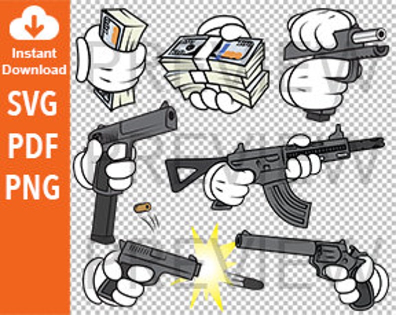 Cartoon Style Hands, Guns and Money - Digital Art Download Svg, Pdf ...