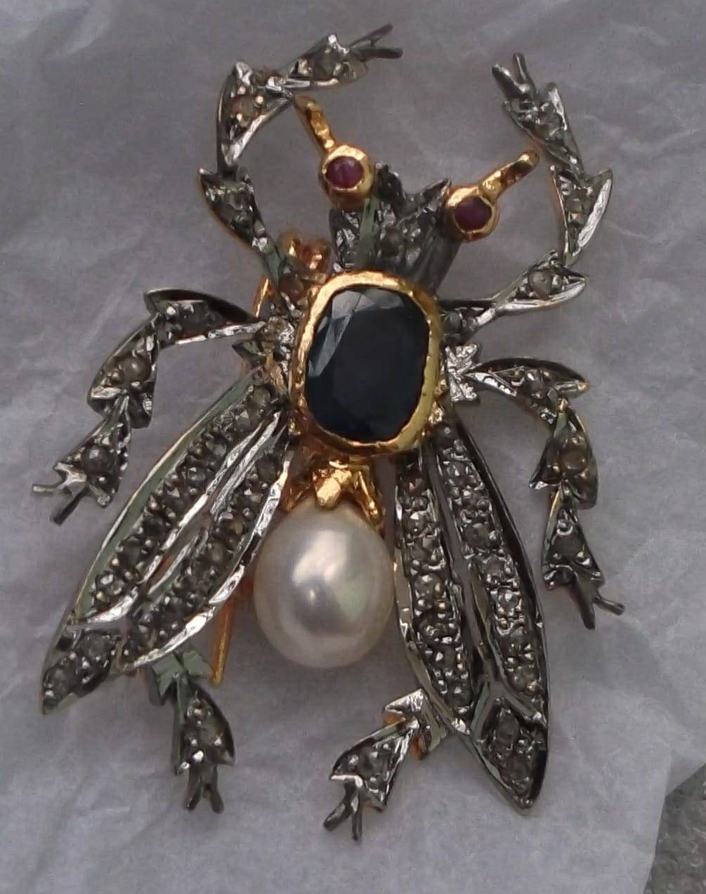 Victorian Rose Cut Diamond Flies 2.24ct Diamond,blue Sapphire / Ruby ...