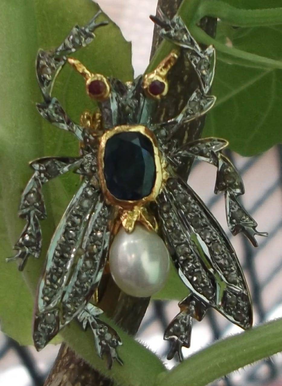 Victorian Rose Cut Diamond Flies 2.24ct Diamond,blue Sapphire / Ruby ...