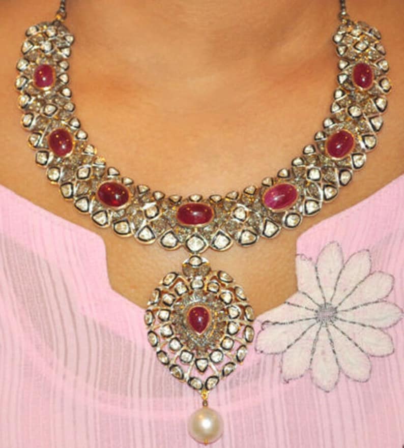 Rose Cut Polki Diamond Necklace Set With Earing 15.60ct - Etsy