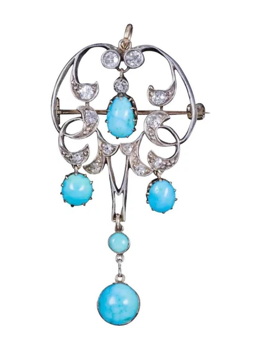 0.80ct Rose Cut Diamond and Turquoise Brooch Diamond Brooch | Etsy