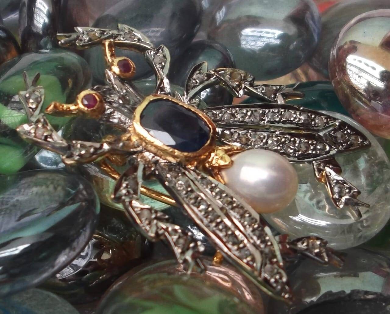 Victorian Rose Cut Diamond Flies 2.24ct Diamond,blue Sapphire / Ruby ...