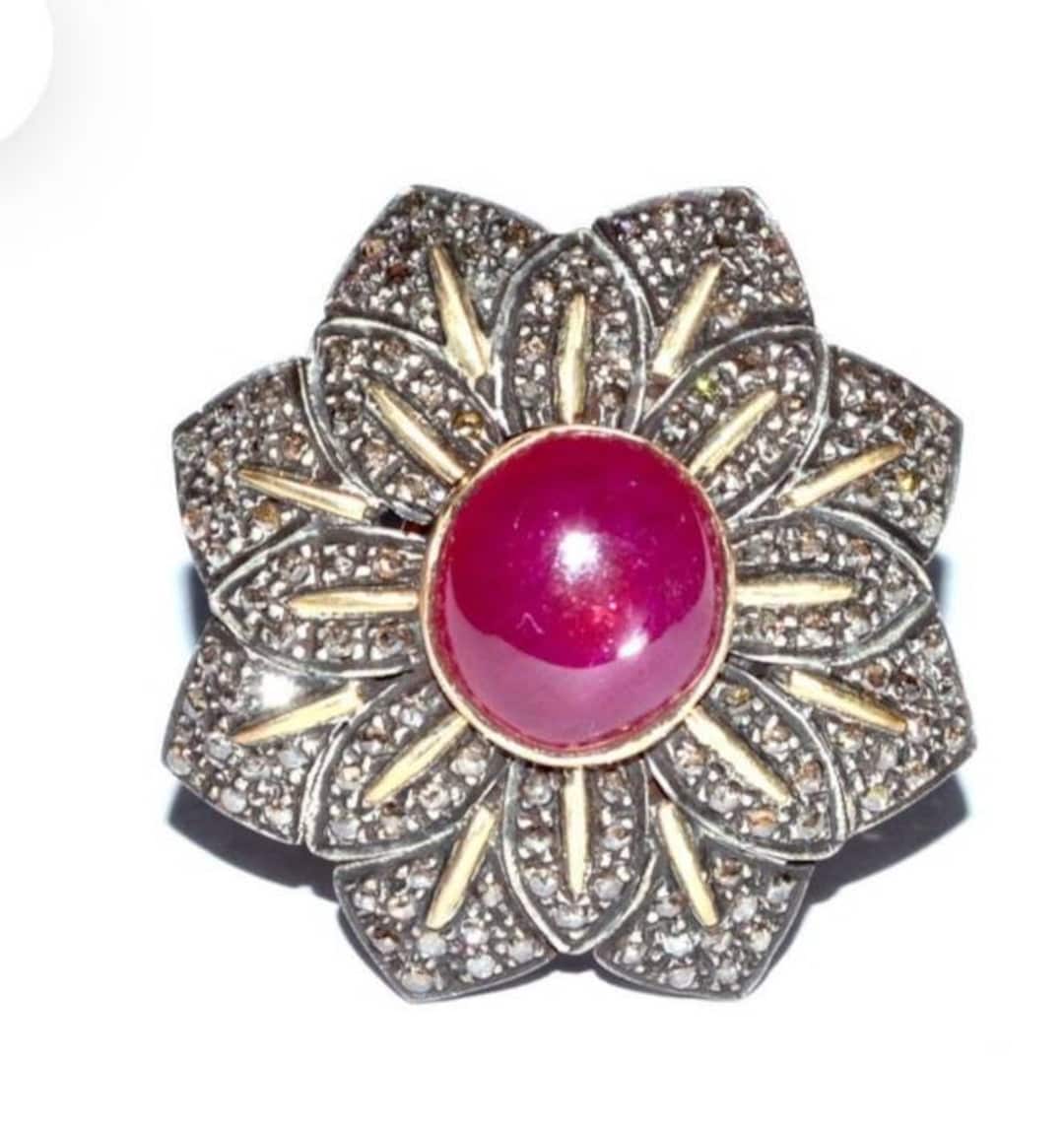 Victorian Rose Cut Diamond Ruby Ring, 2.70ct Diamond, Silver Purity 92. ...