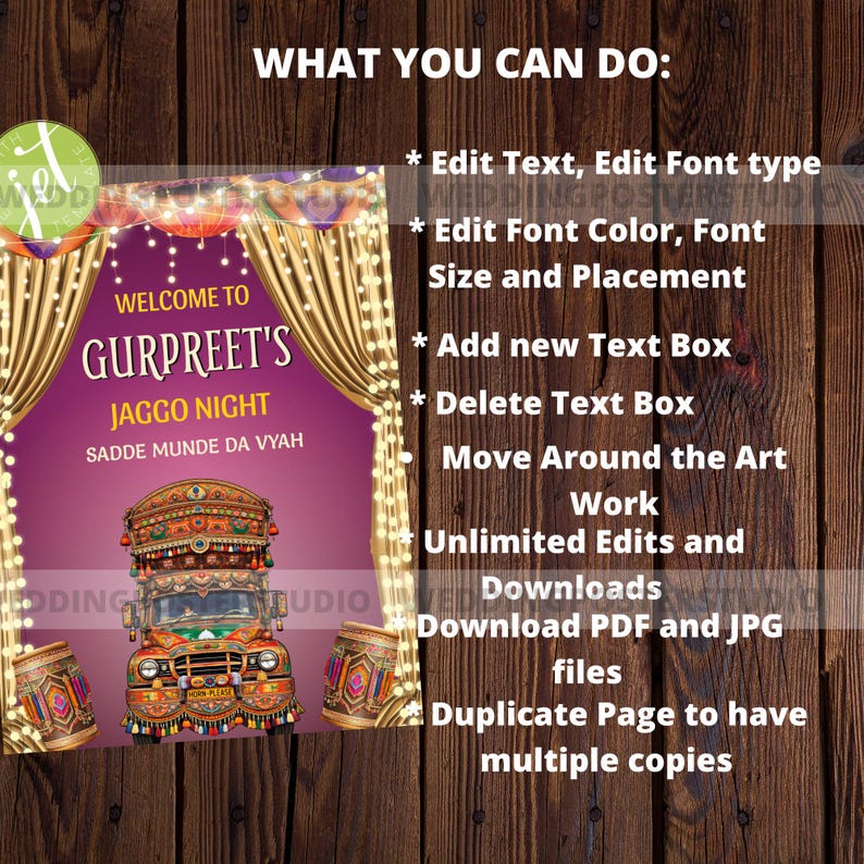 Editable Punjabi Jaggo Night Welcome Sign : Sikh Wedding Decor Truck ...