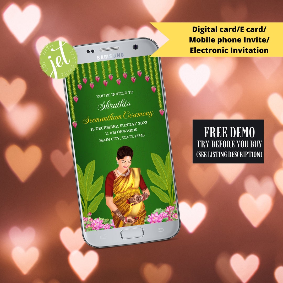 Seemantham Ceremony Invite, Valaikappu Invites, Baby Shower Invite ...