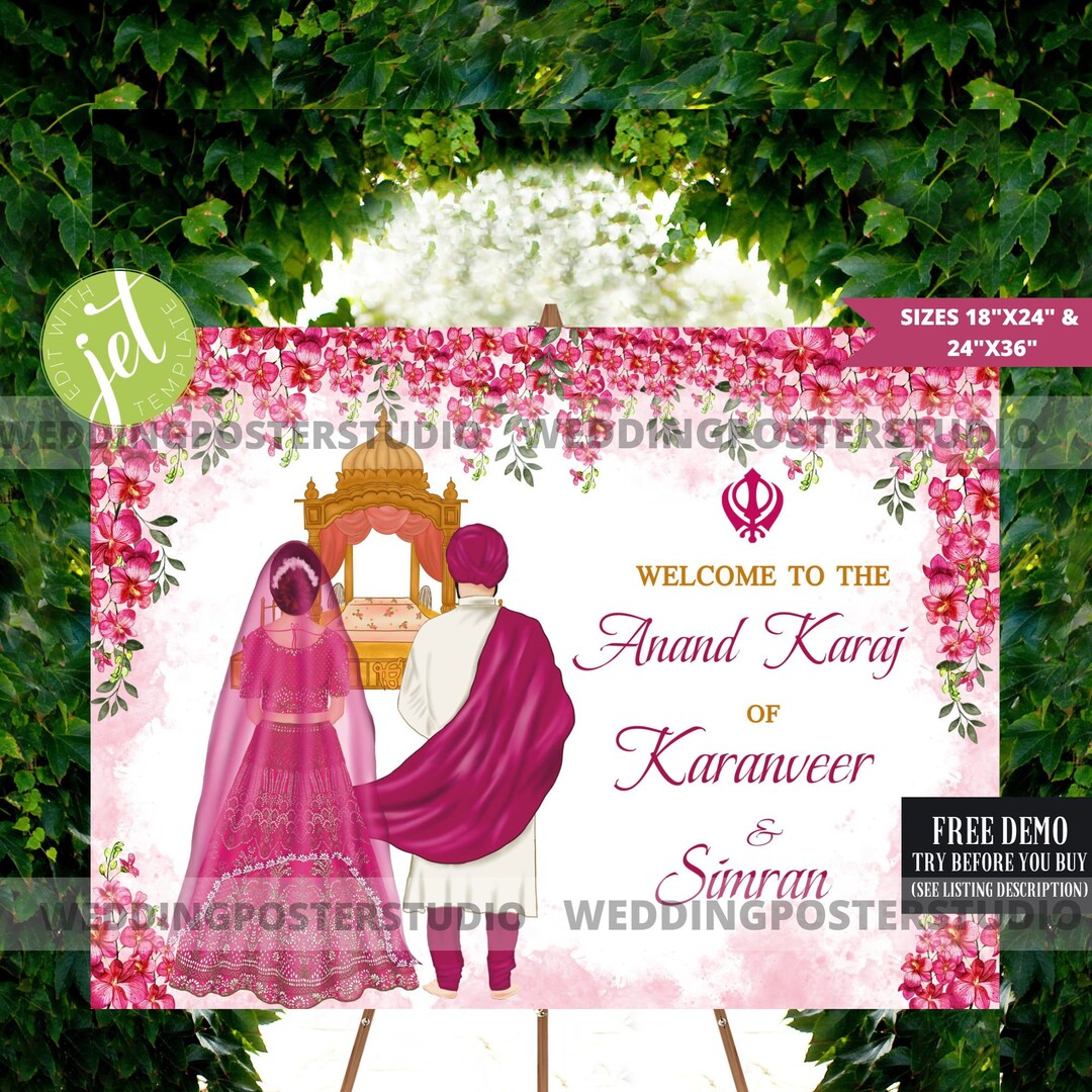 Anand Karaj Sign, Sikh Wedding Welcome Sign, Punjabi Wedding Welcome ...