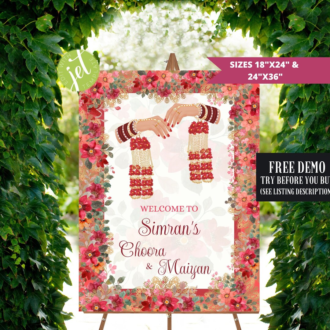 Choora Ceremony Welcome Signage, Sikh Choora and Maiyan Sign, Punjabi ...