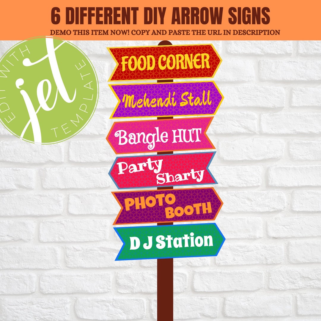 Editable Fun and Colorful Arrow Sign Prop, Mehndi Signs, Wedding Decor ...