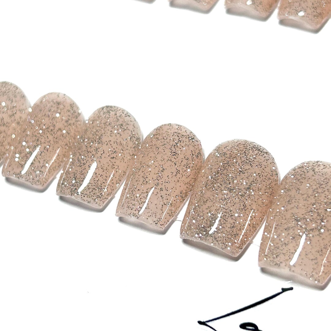 Sheer Peach Glitter Coffin Press on Nails, XS Full Set, Hand-painted ...