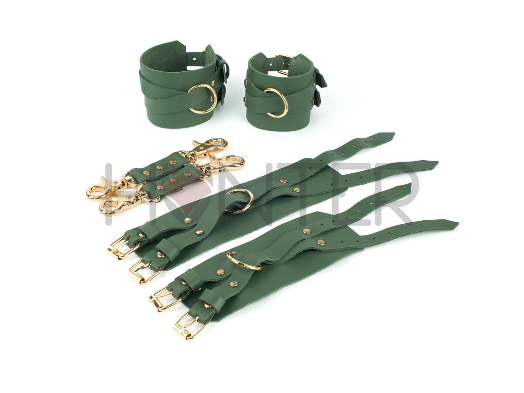 Custom Green Gold Leather Wrist Restraints, BDSM Cuffs, Bondage ...