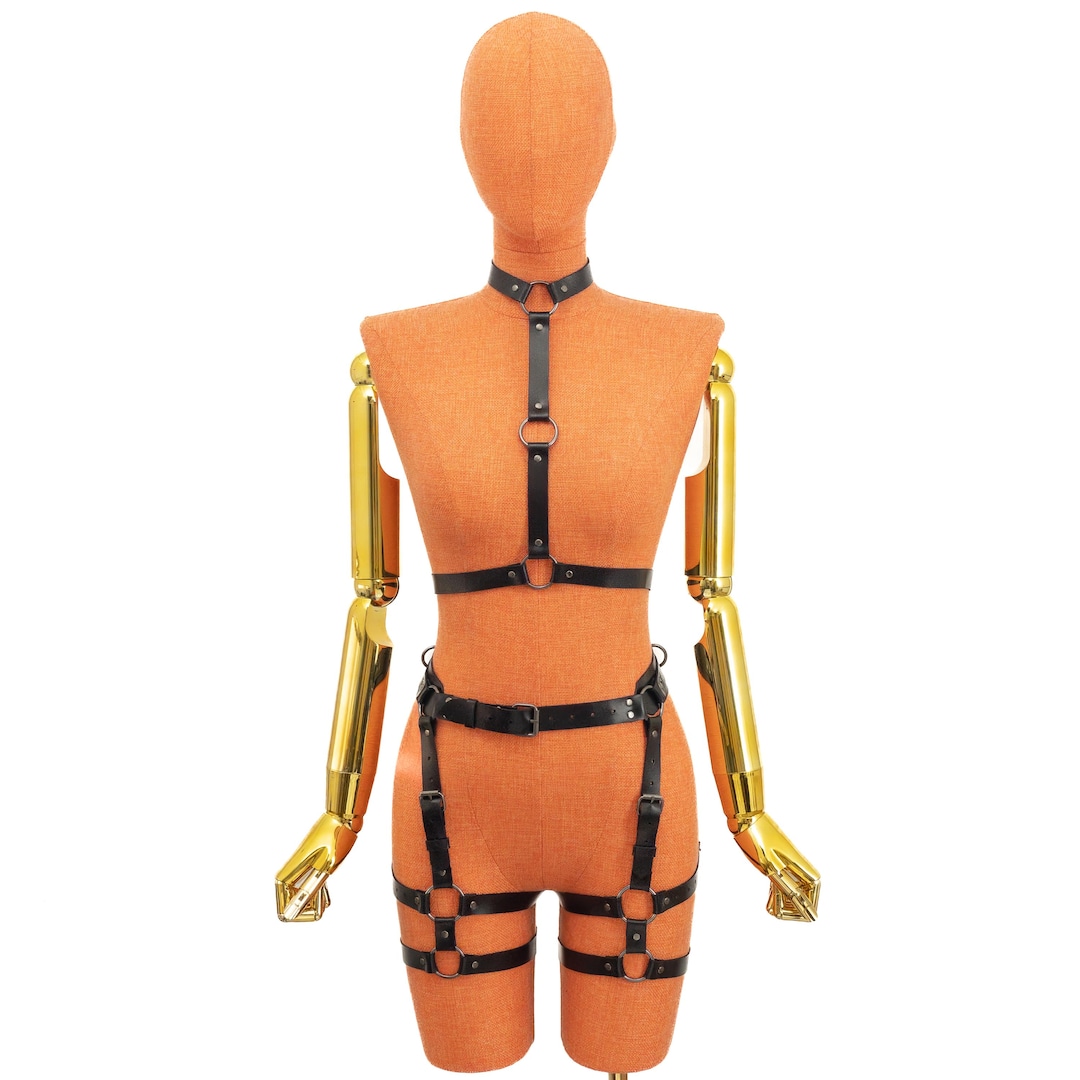Choker Leather Harness Set With Garters and Choker Harness, Full Body ...