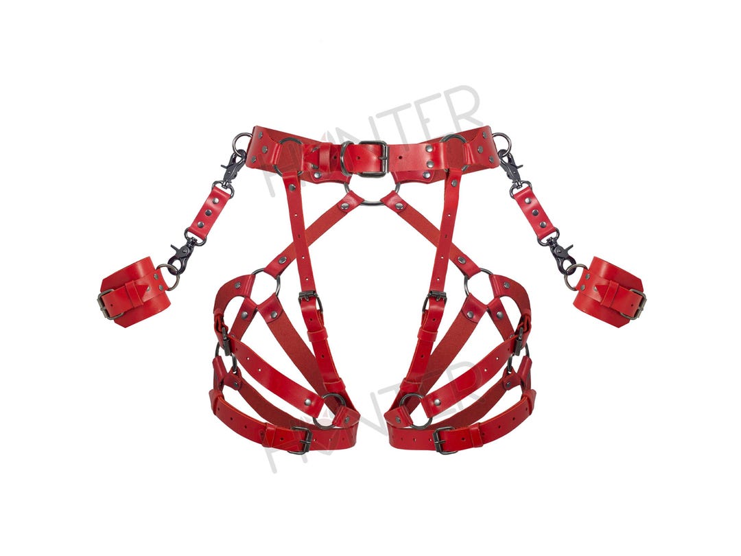 Red Thigh Harness and Cuffs, Restraining Cuffs Set, Bondage Leather ...